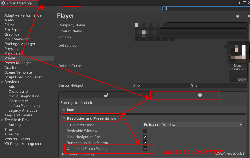 Unity 搬砖日志 Android 的 Optimized Frame Pacing 对应 Projectsettings 配置字段:androiduseswappy 影响锁帧