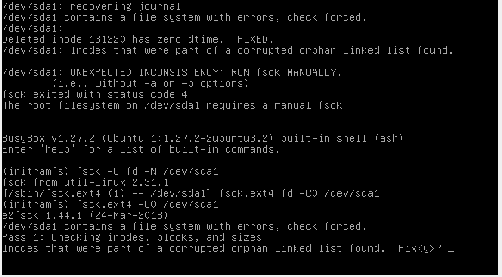 ubuntu虚拟电脑启动报错/dev/sda1:recovering journal /dev/sda1 contains a file system with errors,check ...