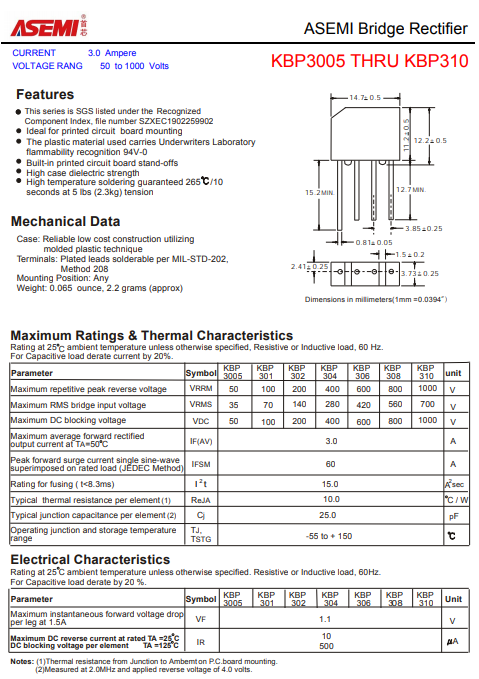 KBP310-ASEMI整流桥，KBP310参数，KBP310封装尺寸_kbp310整流桥参数-CSDN博客