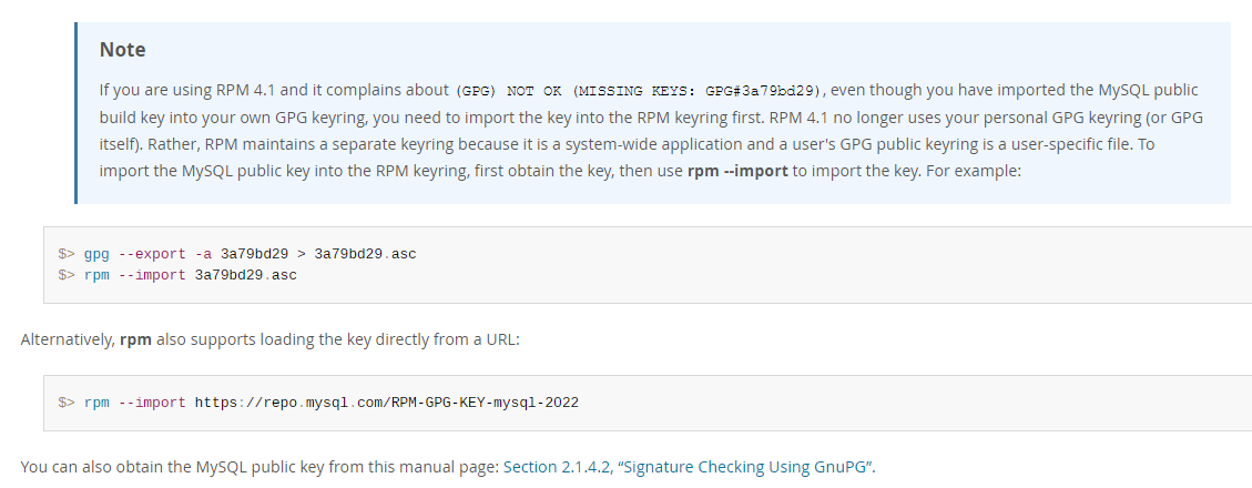解决centos Yum安装mysql8提示“公钥尚未安装”或“密钥已安装，但是不适用于此软件包”的问题源 Mysql 80 