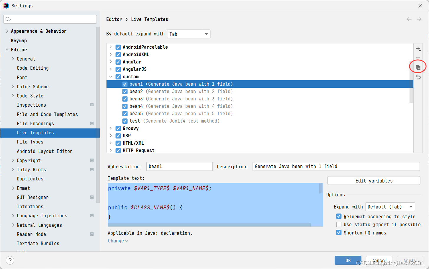 【精选】IDEA使用模板快速创建Java Bean_idea一键生成javabean的插件_fightingHawk2001的博客-CSDN博客