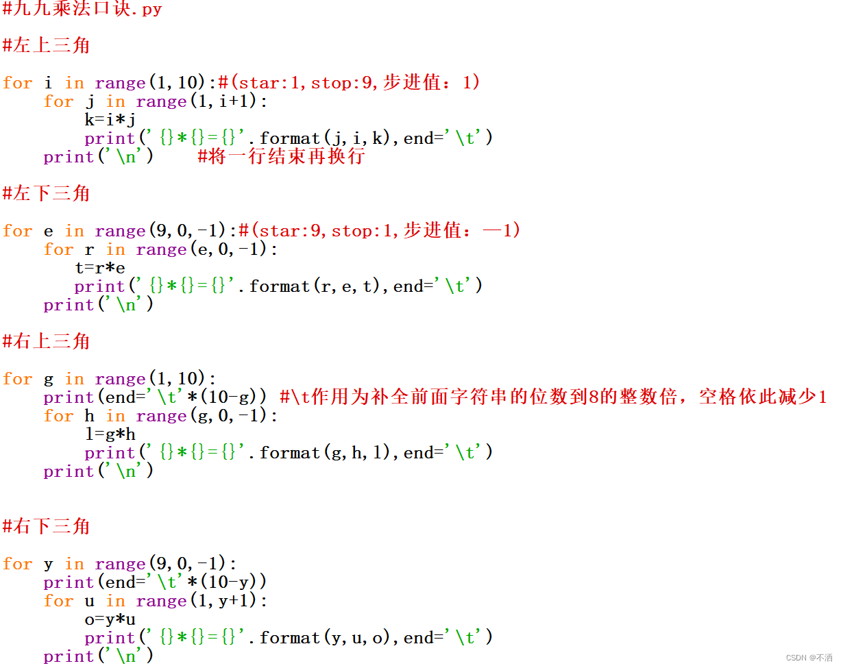 用python语言表达九九乘法口诀（四个不同方向三角形状）（range函数用法）range函数的step特性 Csdn博客 7342