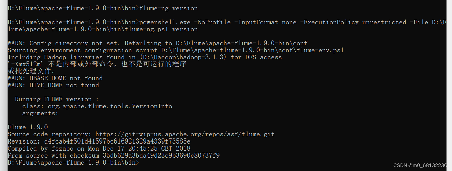 测试flume安装，出现Start-Process : 由于出现以下错误，无法运行此命令: 系统找不到指定的文件。。所在位置 D:\Flume\apache-flume-1.9.0-bin ...