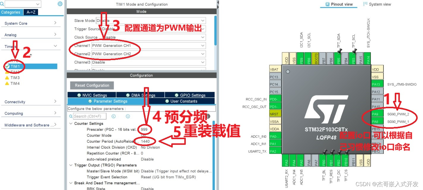 PWM原理+SG90舵机控制原理+STM32CubeMx配置输出可调PWM波_stm32cube控制舵机-CSDN博客