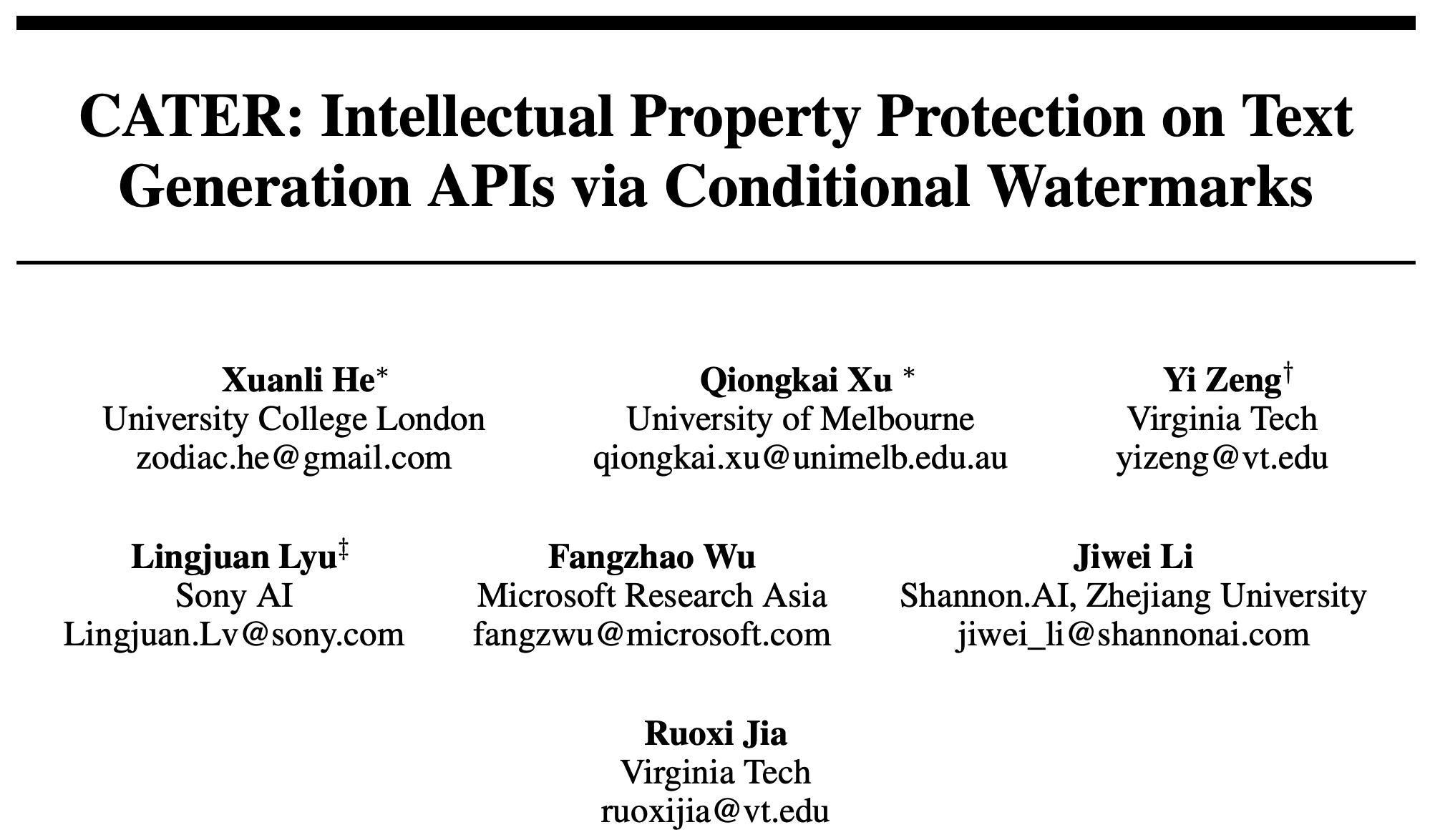 论文研读｜CATER: Intellectual Property Protection on Text Generation APIs via Conditional Watermarks ...