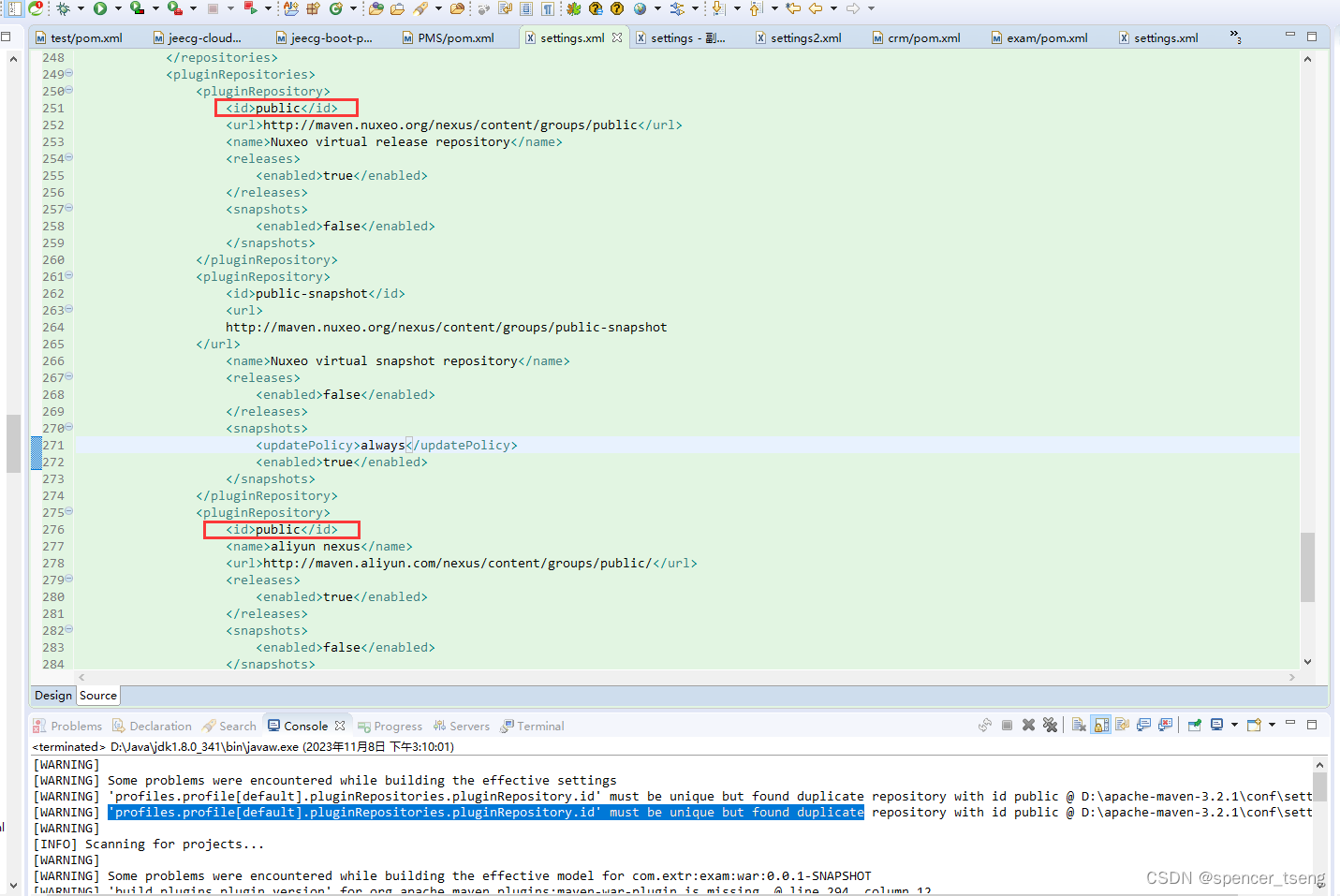 ‘profiles.profile[default].pluginRepositories.pluginRepository.id‘ must be unique but found ...