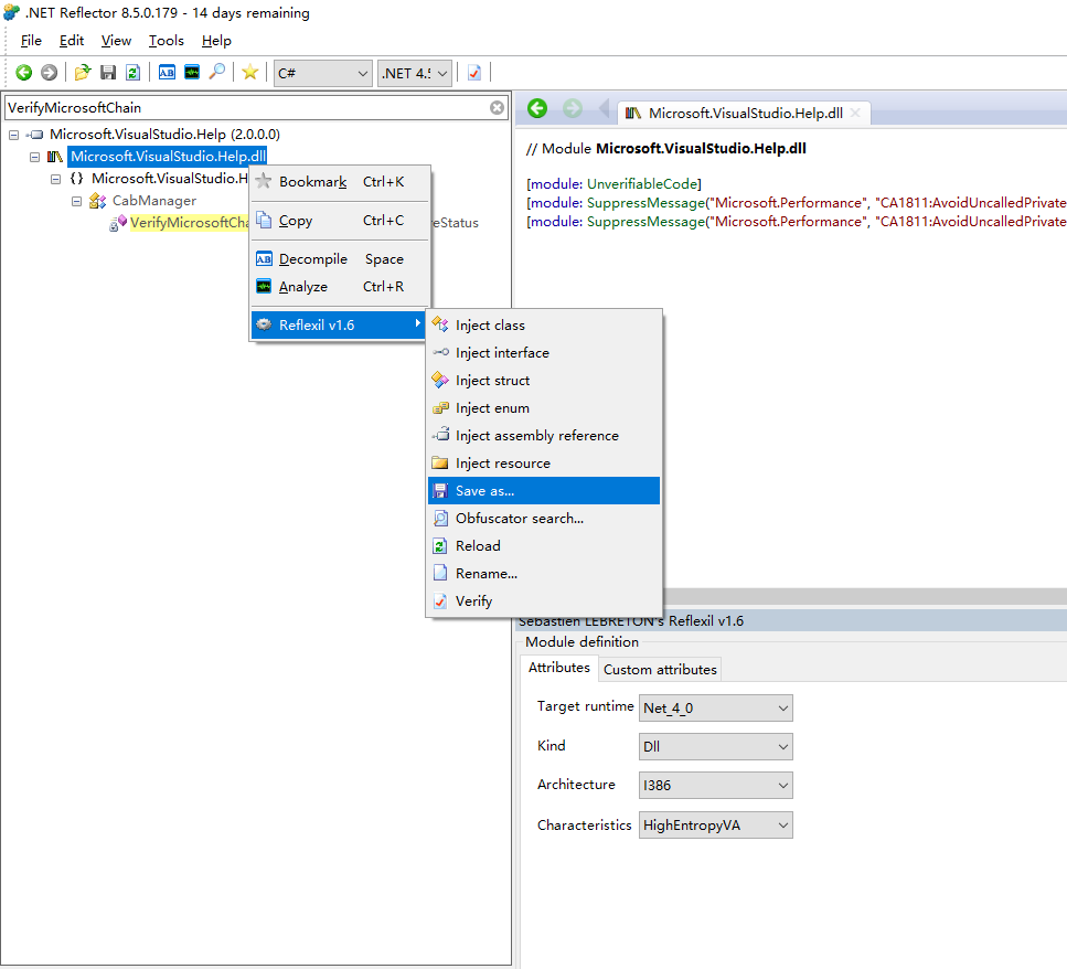 教你使用 Reflector中的Reflexil插件反编译.NET，修复Help Viewer v2.0 - Error: .cab未经Microsoft签名-CSDN博客
