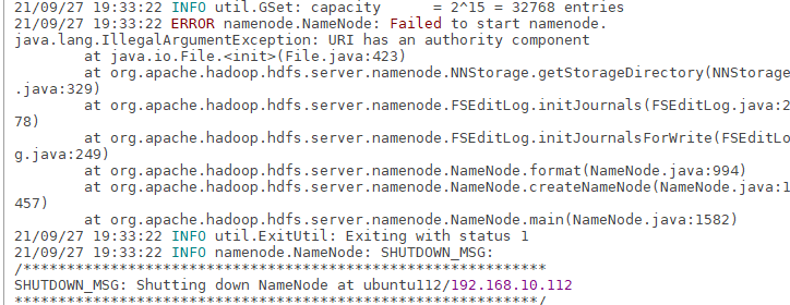 ERROR namenode.NameNode: Failed to start namenode. java.lang.IllegalArgumentException: URI has ...