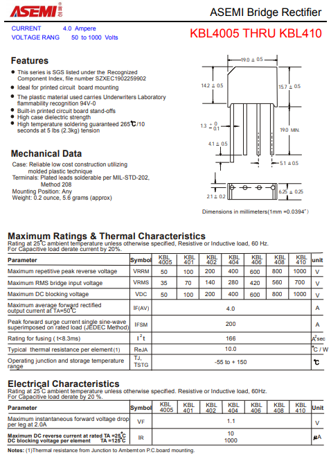 KBL410-ASEMI整流桥，KBL410规格书，KBL410机械数据_kbl410整流桥输出多少-CSDN博客