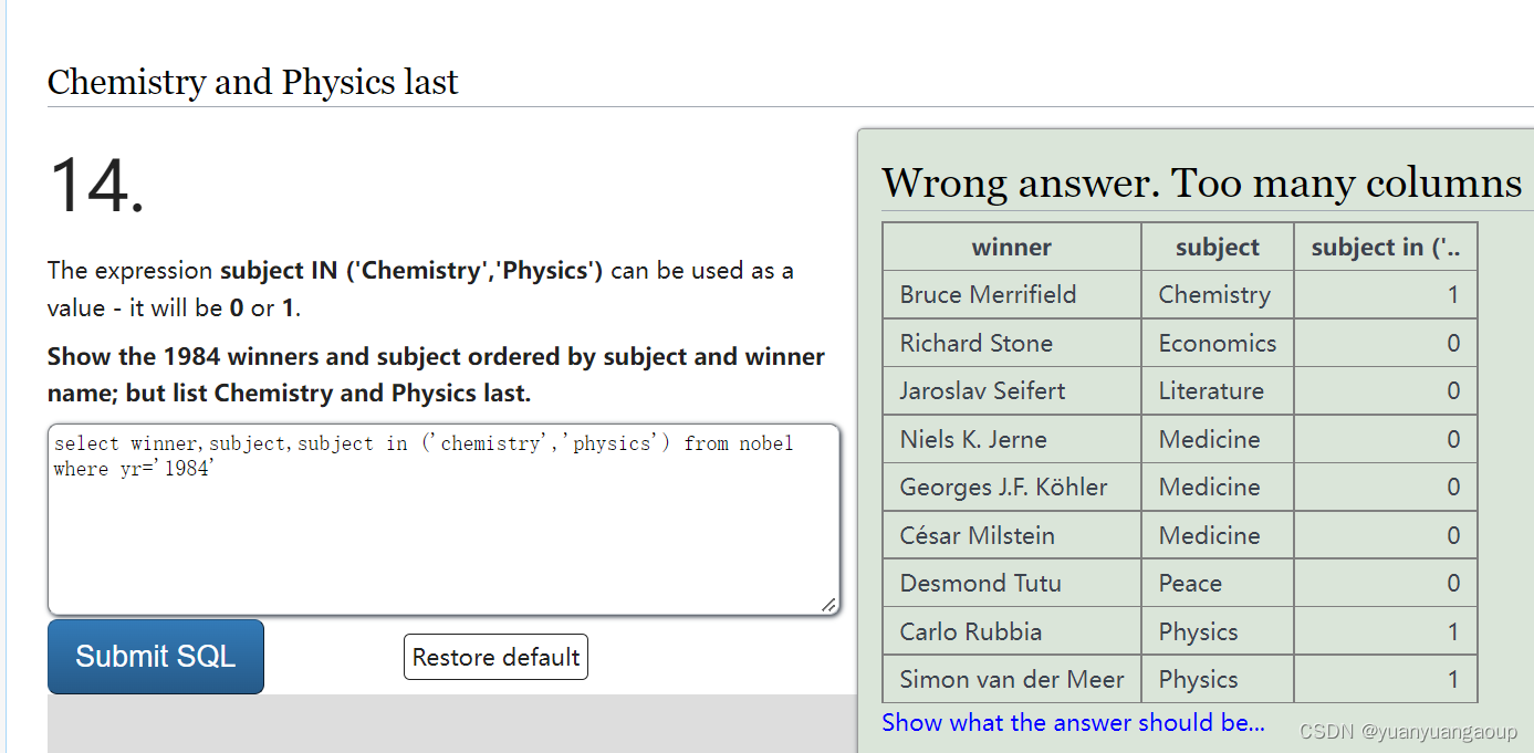 sqlzoo练习题（3.SELECT from Nobel Tutorial）14题中，order by subject IN (‘Chemistry‘,‘Physics‘)用法解惑整理笔记 ...