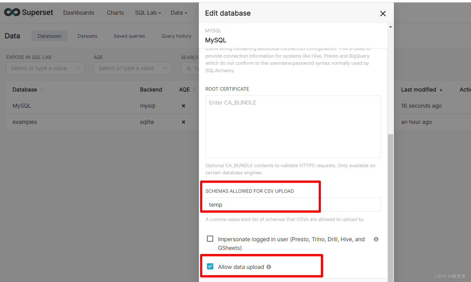 Superset 允许上传文件到数据库enable Allow File Uploads To Database In Any Dat