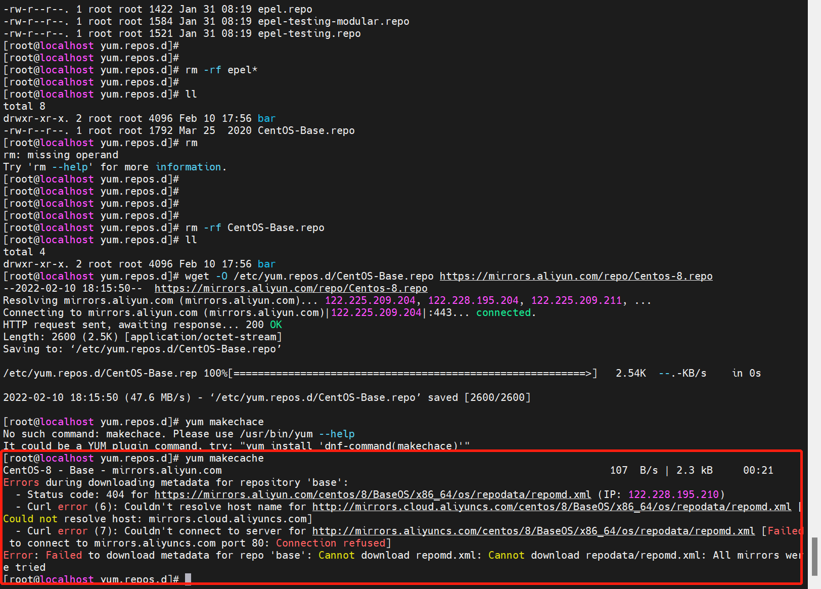 Centos8更换yum阿里云源报错Failed to connect to mirrors.aliyuncs.com port 80: Connection refused]_阿里云 ...