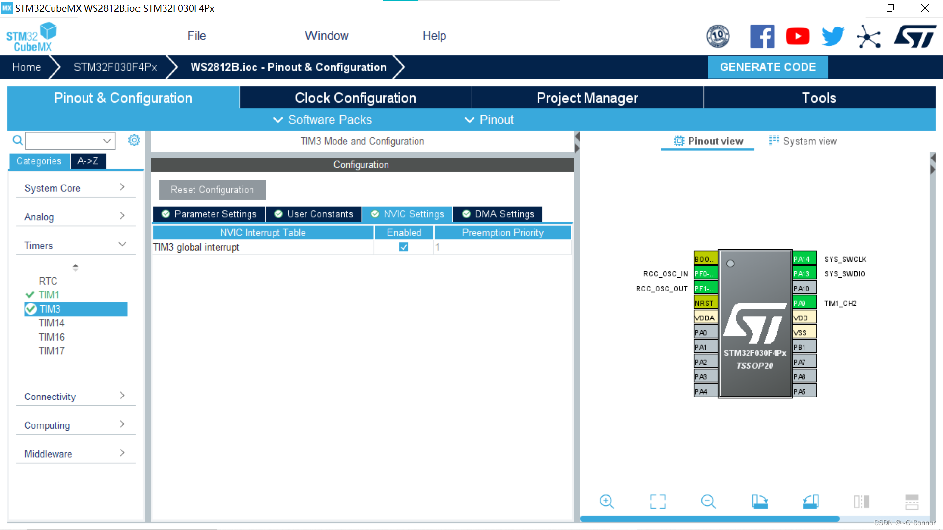 STM32 HAL库 PWM+DMA 驱动WS2812B彩灯(STM32F030F4P6)_stm32 dma pwm-CSDN博客