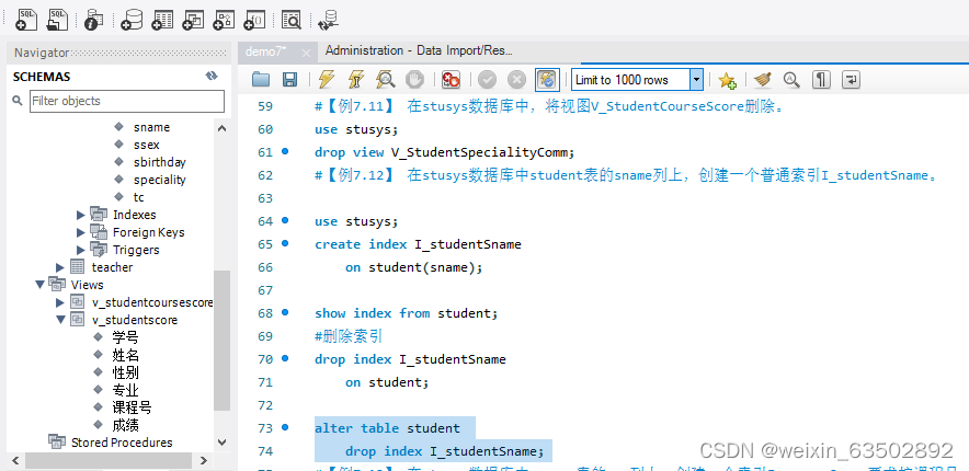 在stusys数据库中，将视图V_StudentCourseScore删除。在stusys数据库中student表的sname列上，创建一个普通索引I_studentSname。-CSDN博客