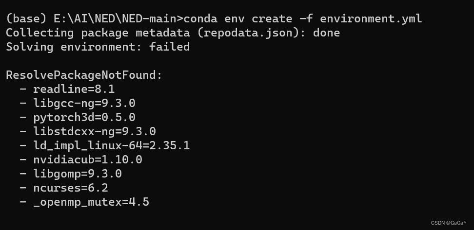 解决使用yml文件创建conda虚拟环境时报错：ResolvePackageNotFound_resolvepackagenotfound ...