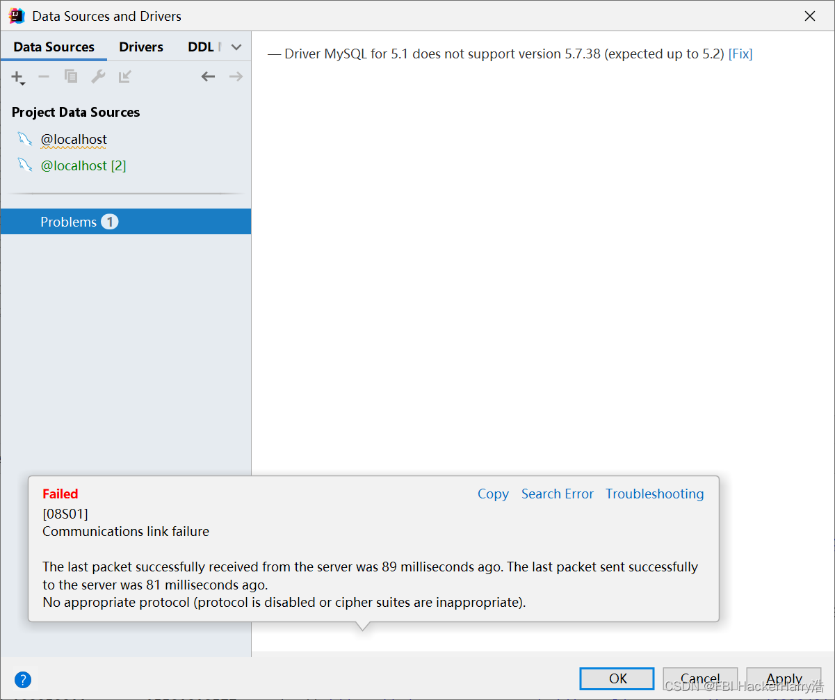 解决报错：Failed [08S01] Communications link failure The last packet ...