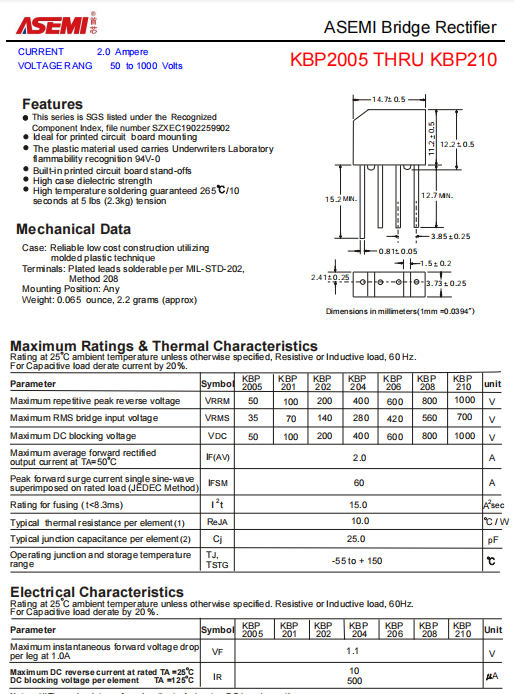 ASEMI整流桥KBP210参数，KBP210规格书，KBP210尺寸_kbp210整流桥参数-CSDN博客