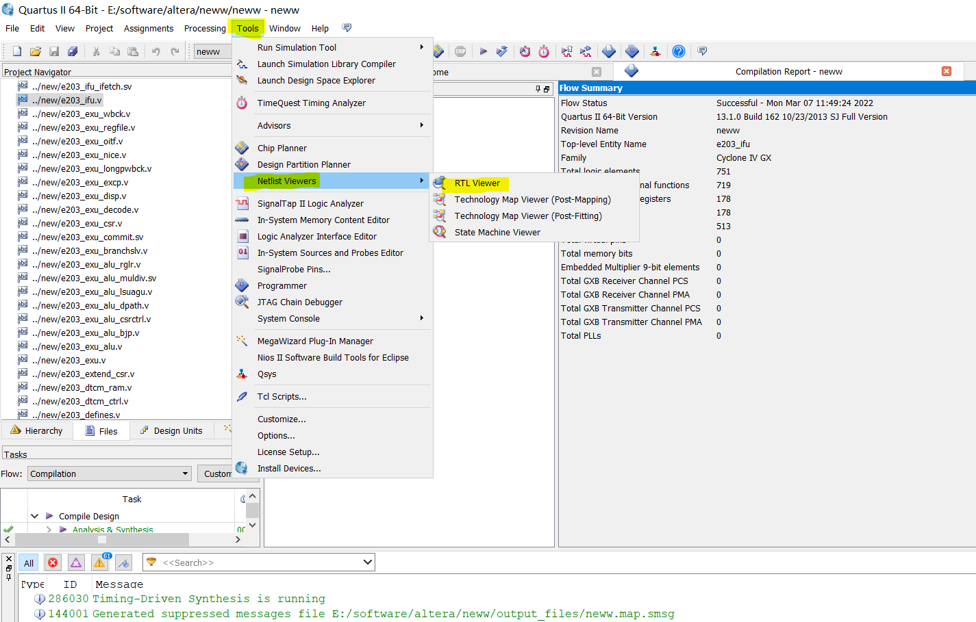 Quartus II仿真蜂鸟E203 / 200 教程【逻辑综合】_quartus怎么输出综合电路图-CSDN博客