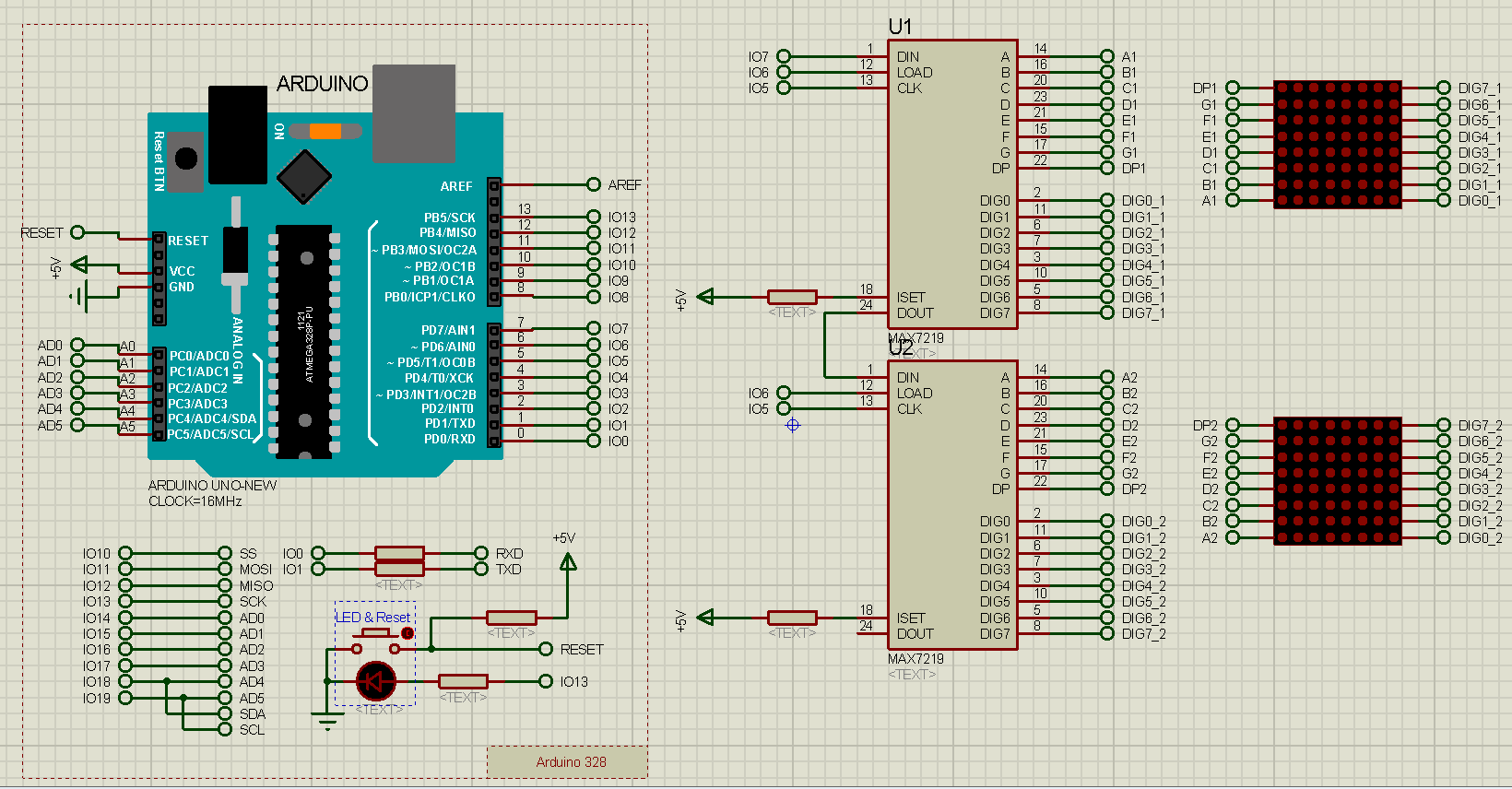 Arduino与Proteus仿真实例-MAX7219级联驱动多个8x8LED点阵仿真_max7129级联显示程序-CSDN博客