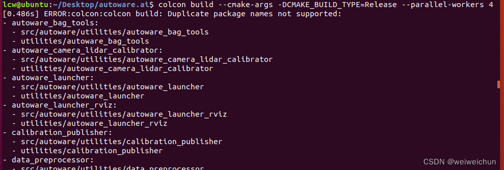 编译autoware.ai出错，报colcon build: Duplicate package names not supported_error:colcon:colcon build ...