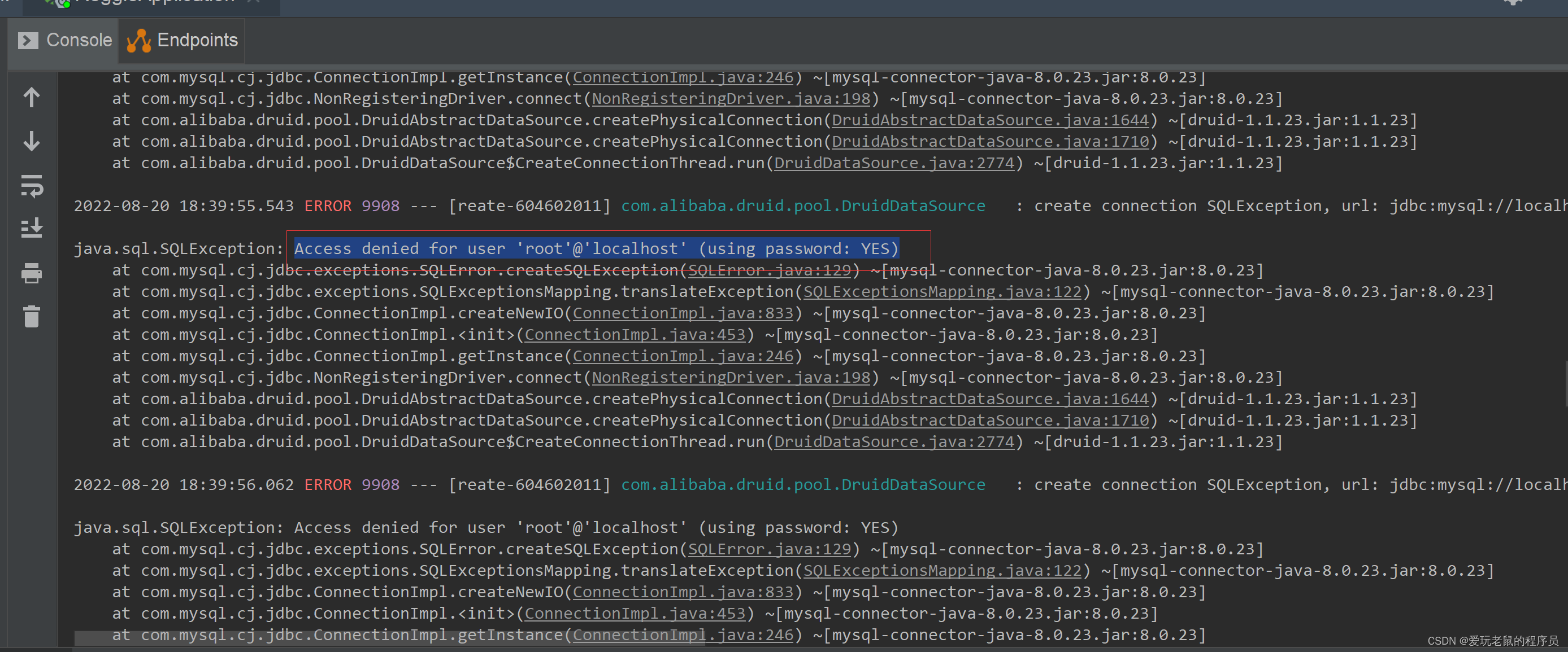 报错:create Connection Sqlexception Errorcode 1045 State 28000 Java