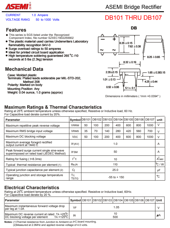 ASEMI整流桥DB107详细参数，DB107特征，DB107机械数据_db107整流桥参数-CSDN博客