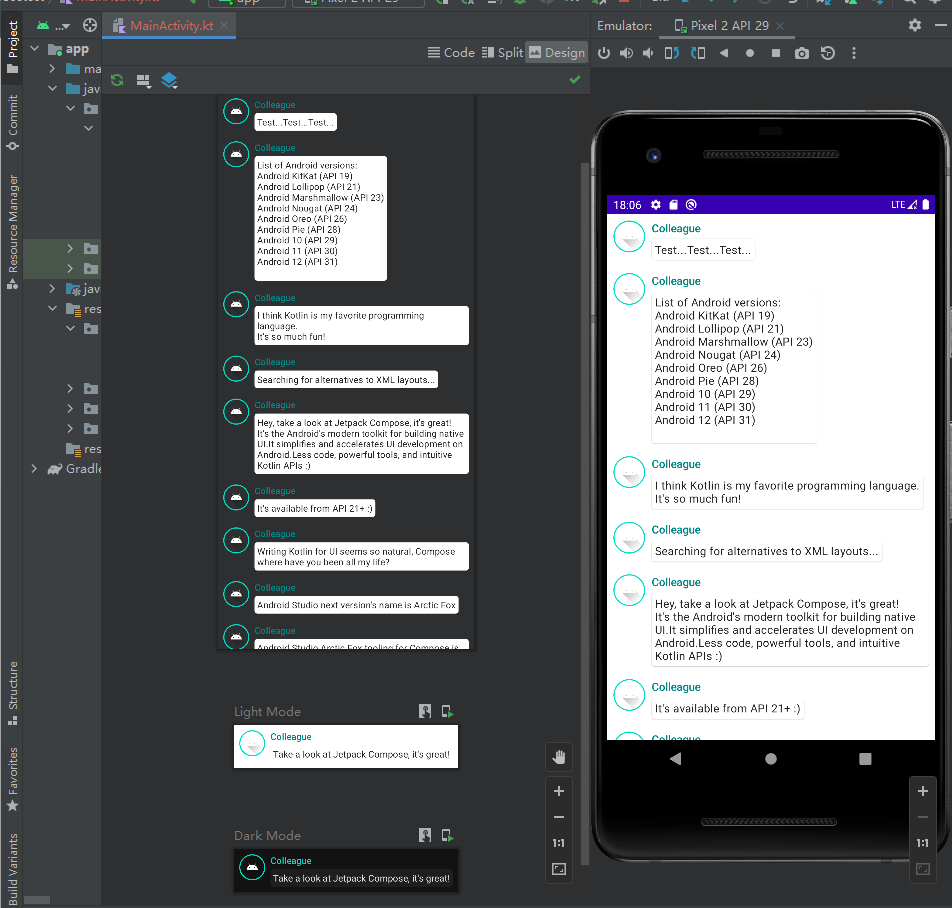 【android Jetpackcompose】1、实战聊天界面： Compose 可组合函数、用 Row 和 Column 设计布局、materialdesign 样式、列表、动画