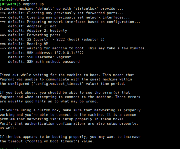vagrant up启动报错Timed out while waiting for the machine to boot. This means thatVagrant was unable ...