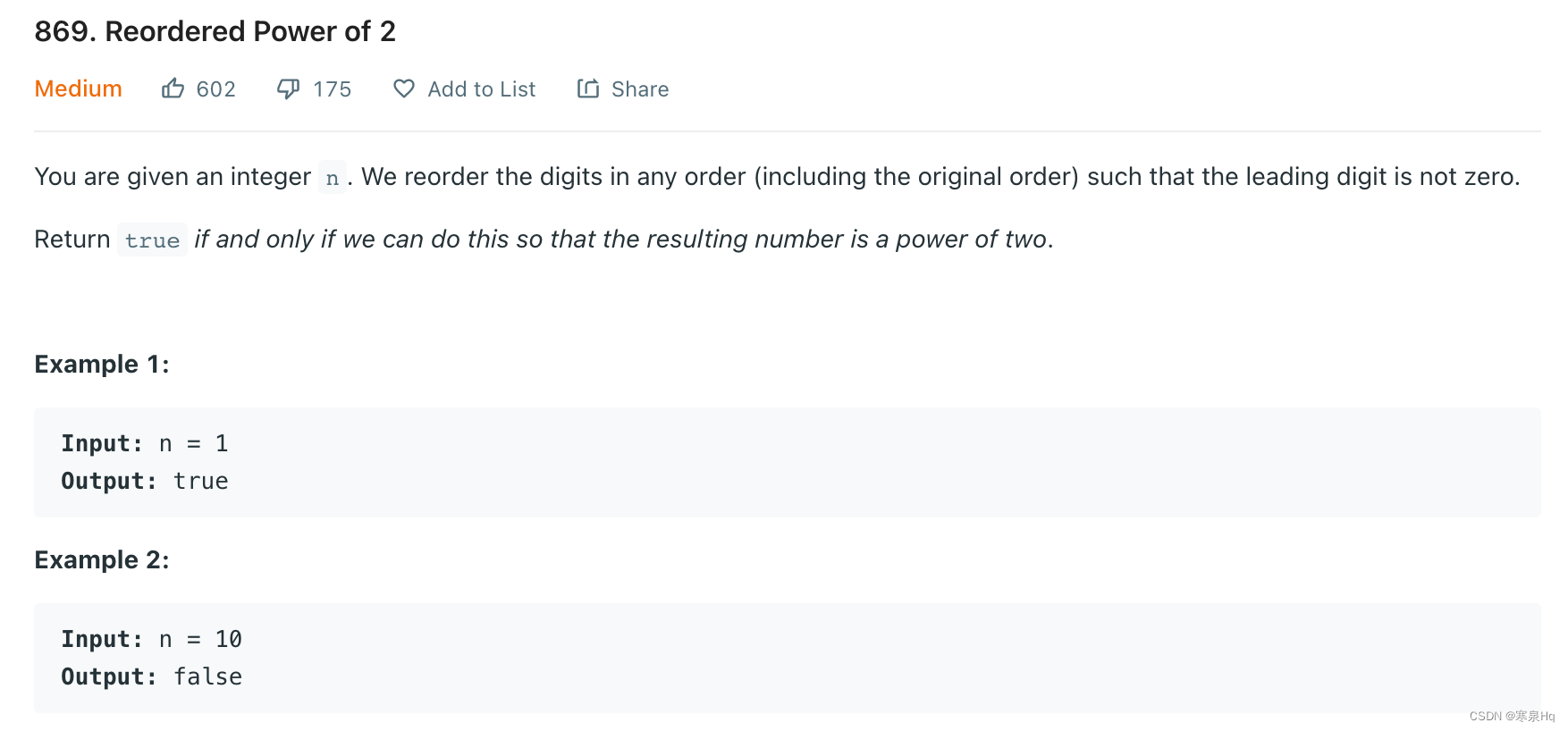 leetcode 869. Reordered Power of 2 | 869. 重新排序得到 2 的幂（状态压缩）