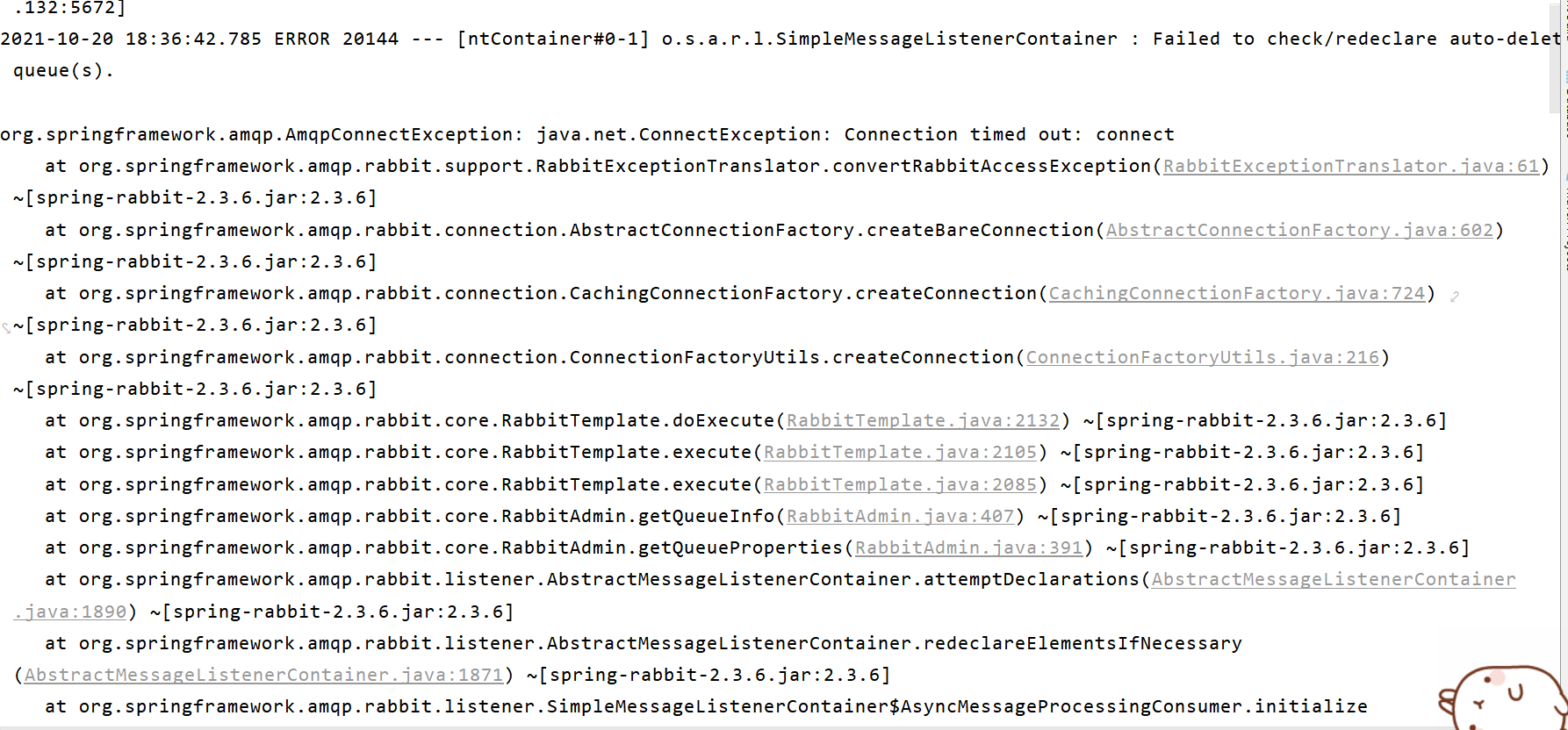 org.springframework.amqp.AmqpConnectException: java.net.ConnectException: Connection timed out ...