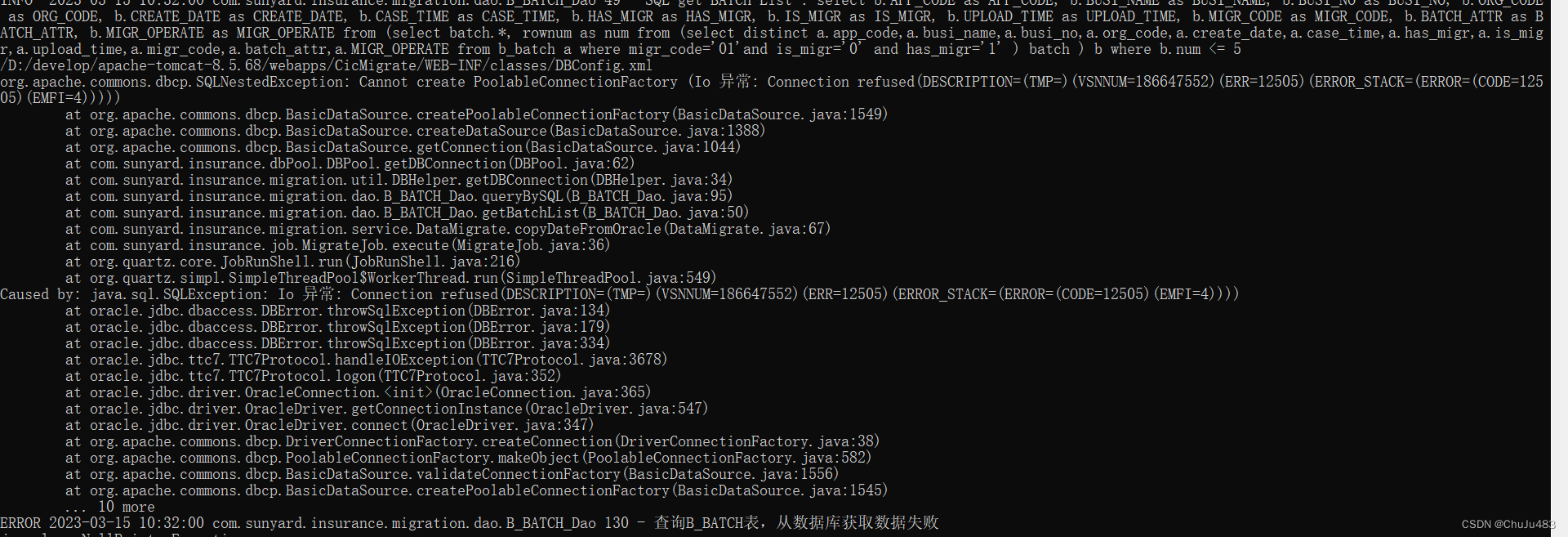 JDBC连接Orac报错 Connection refused(DESCRIPTION=(TMP=)(VSNNUM=186646784)(ERR=12505)(ERROR_STACK ...