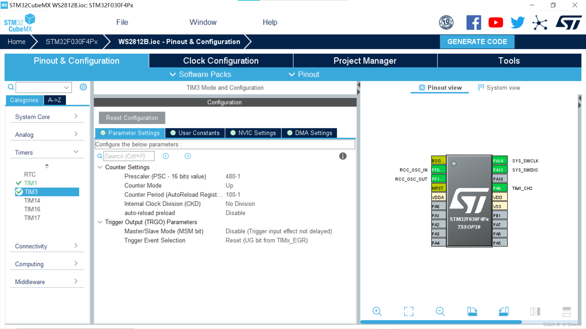 STM32 HAL库 PWM+DMA 驱动WS2812B彩灯(STM32F030F4P6)_stm32 dma pwm-CSDN博客