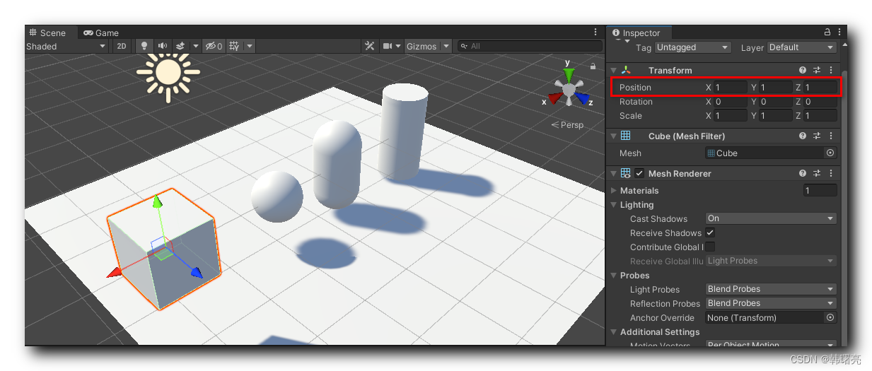 【unity3d】游戏物体操作 ② 3d 原生物体 立方体 球体 平面 物体移动 沿坐标轴移动 沿坐标平面移动 在 Inspector 检查器窗口设置坐标属性