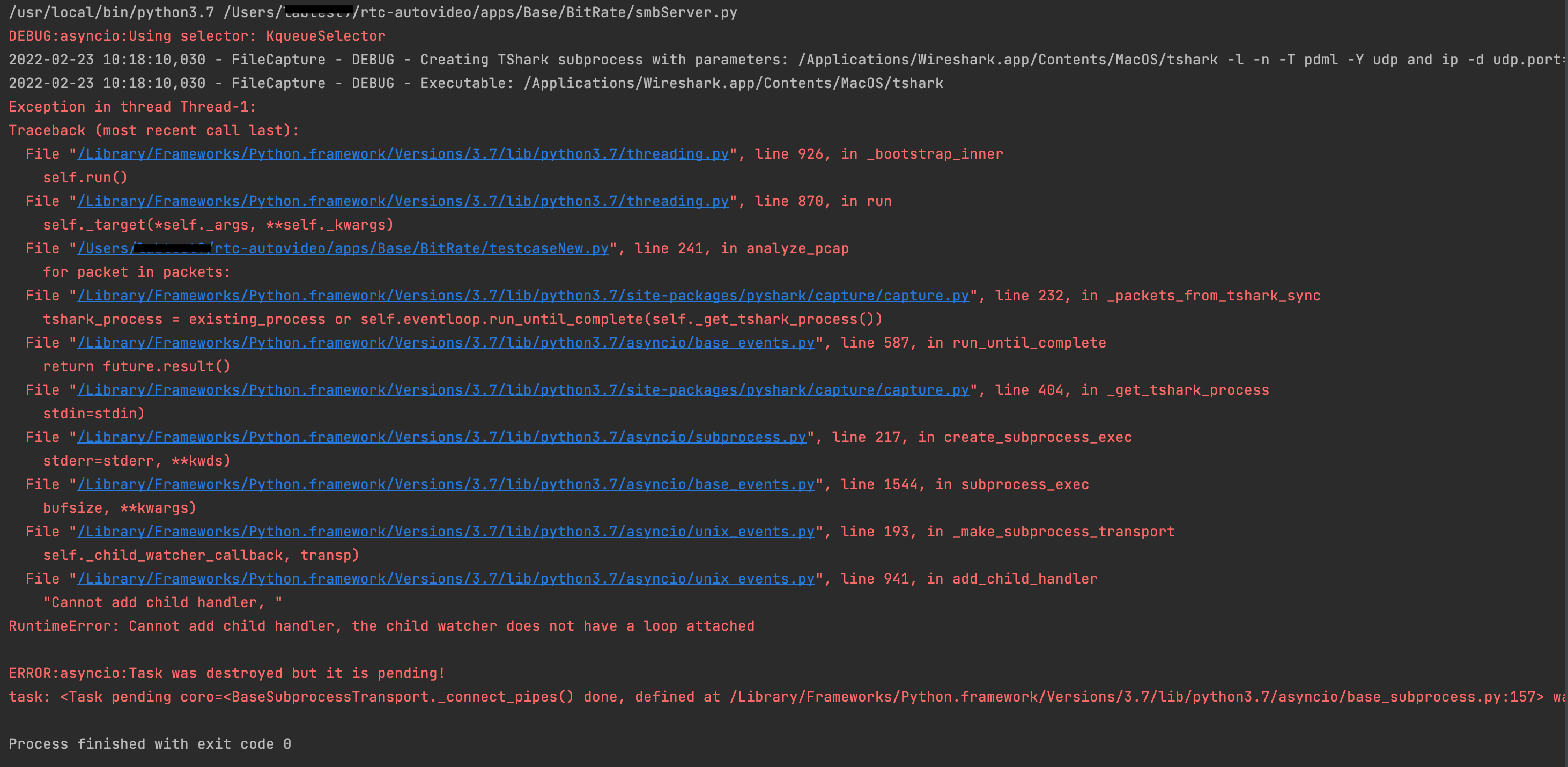 python中tshark模块报错RuntimeError: Cannot add child handler, the child watcher does not have a loop ...
