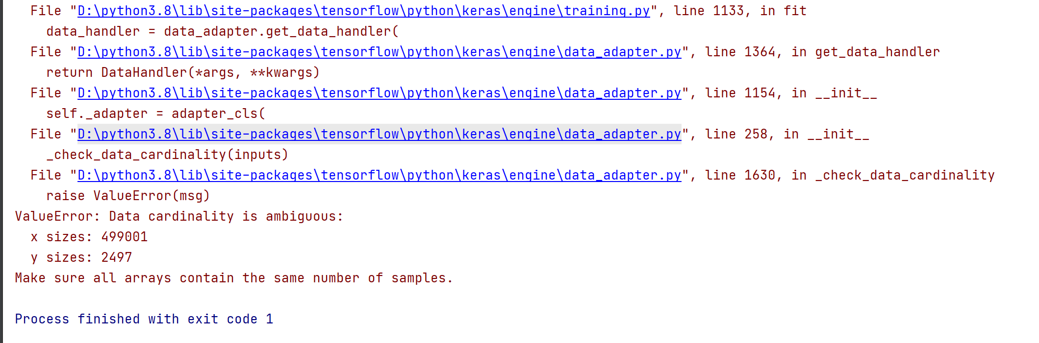 ValueError: Data cardinality is ambiguous: x sizes: 499001 y sizes: 2497-CSDN博客