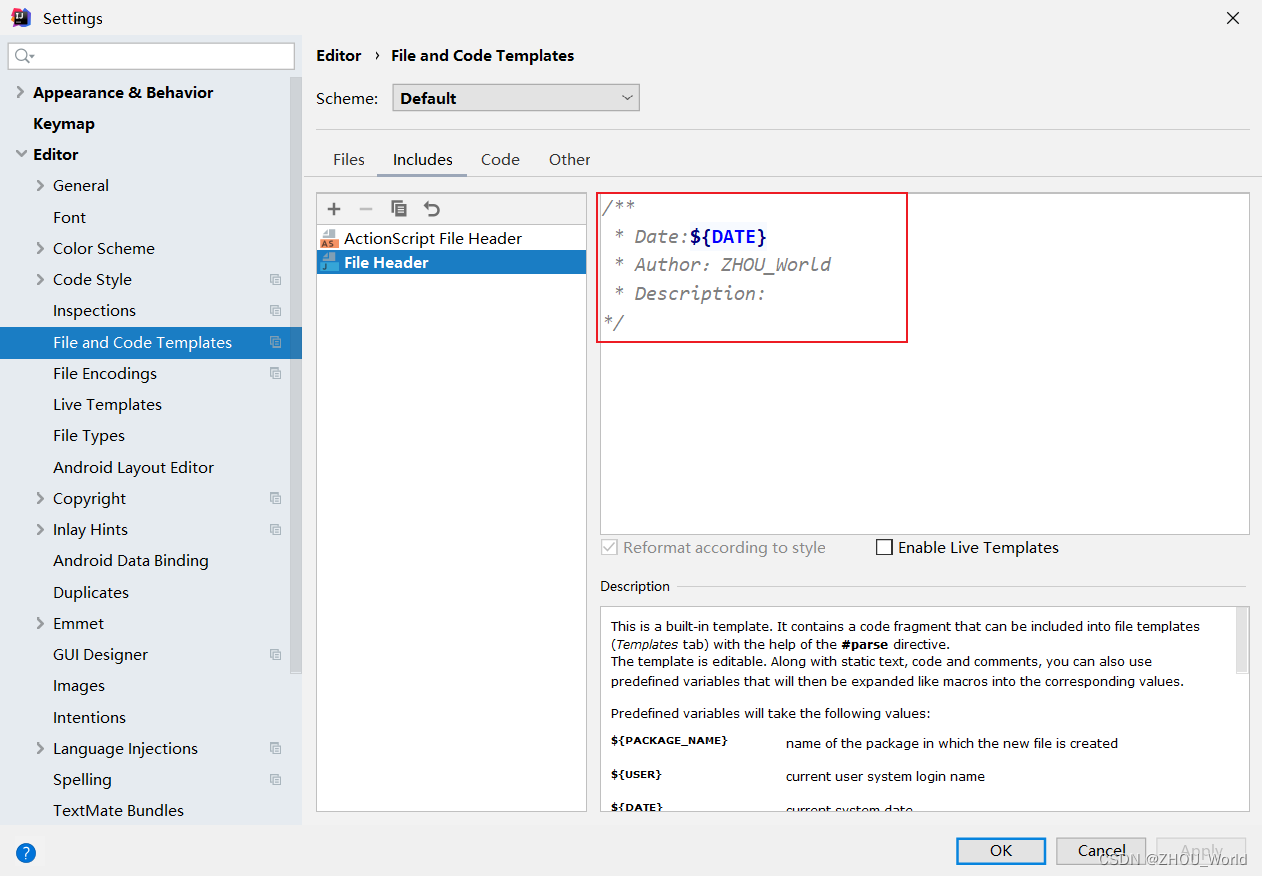 IDEA在新建后有默认的注释，例如时间、作者、描述等注解的设置方法_idea设置默认注释-CSDN博客