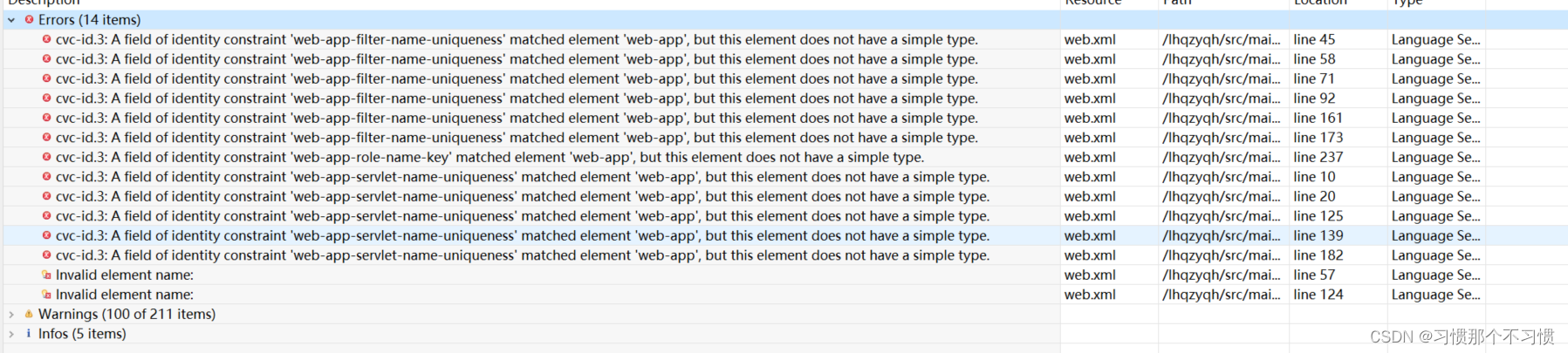 cvc-id.3: A field of identity constraint ‘web-app-servlet-name-uniqueness‘ matched element ‘web ...