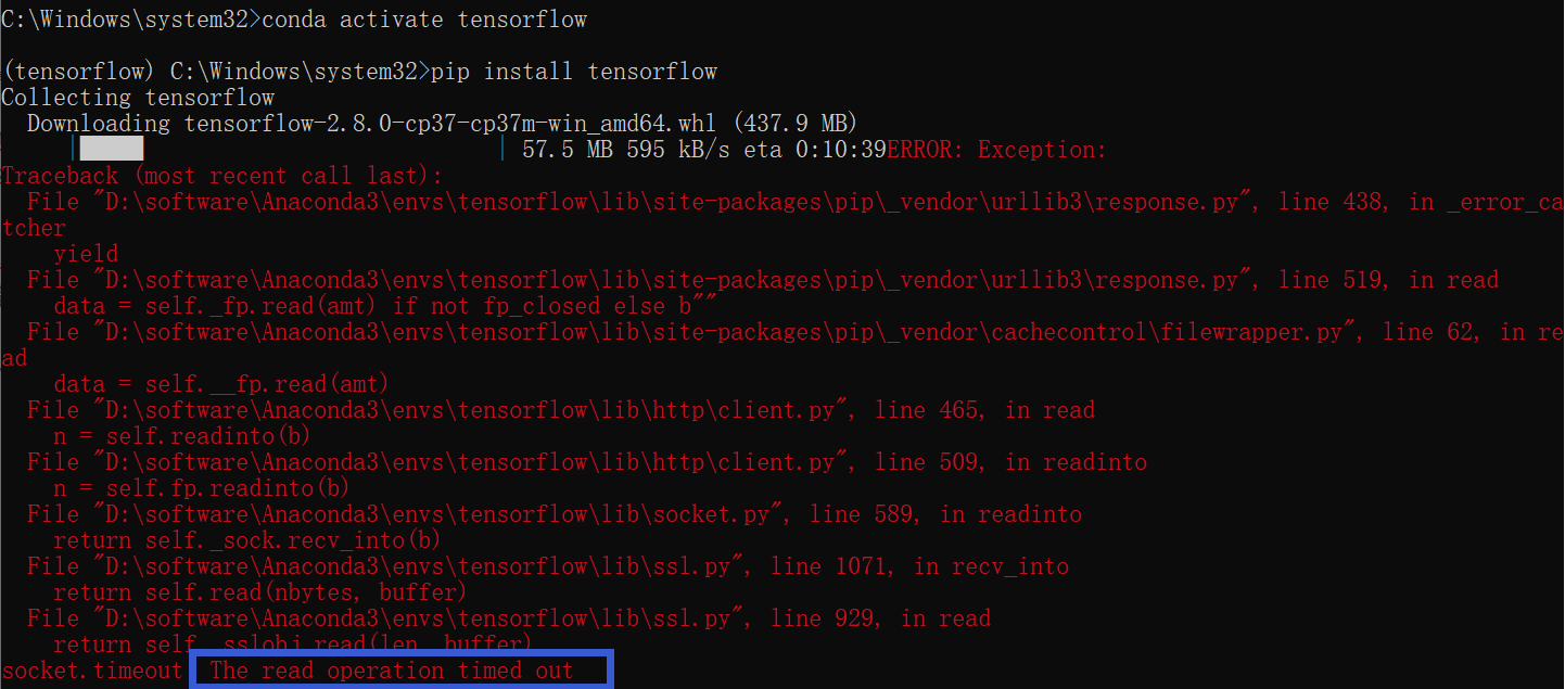 成功解决安装tensorflow，安装进度1/4,爆红一大片且有很多File出现timed out_安装tensorflow出现一片红-CSDN博客