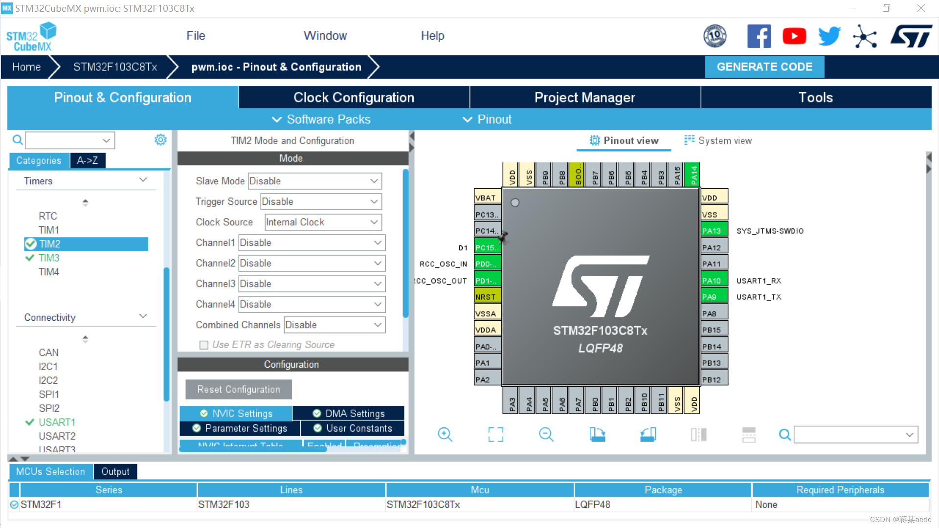 一. 使用STM32F103的 Tim2~Tim5其一定时器的某一个通道pin（与GPIOx管脚复用，见下图），连接一个LED，用定时器计数方式，控制LED以2s的频率周期性地亮-灭。 二 ...