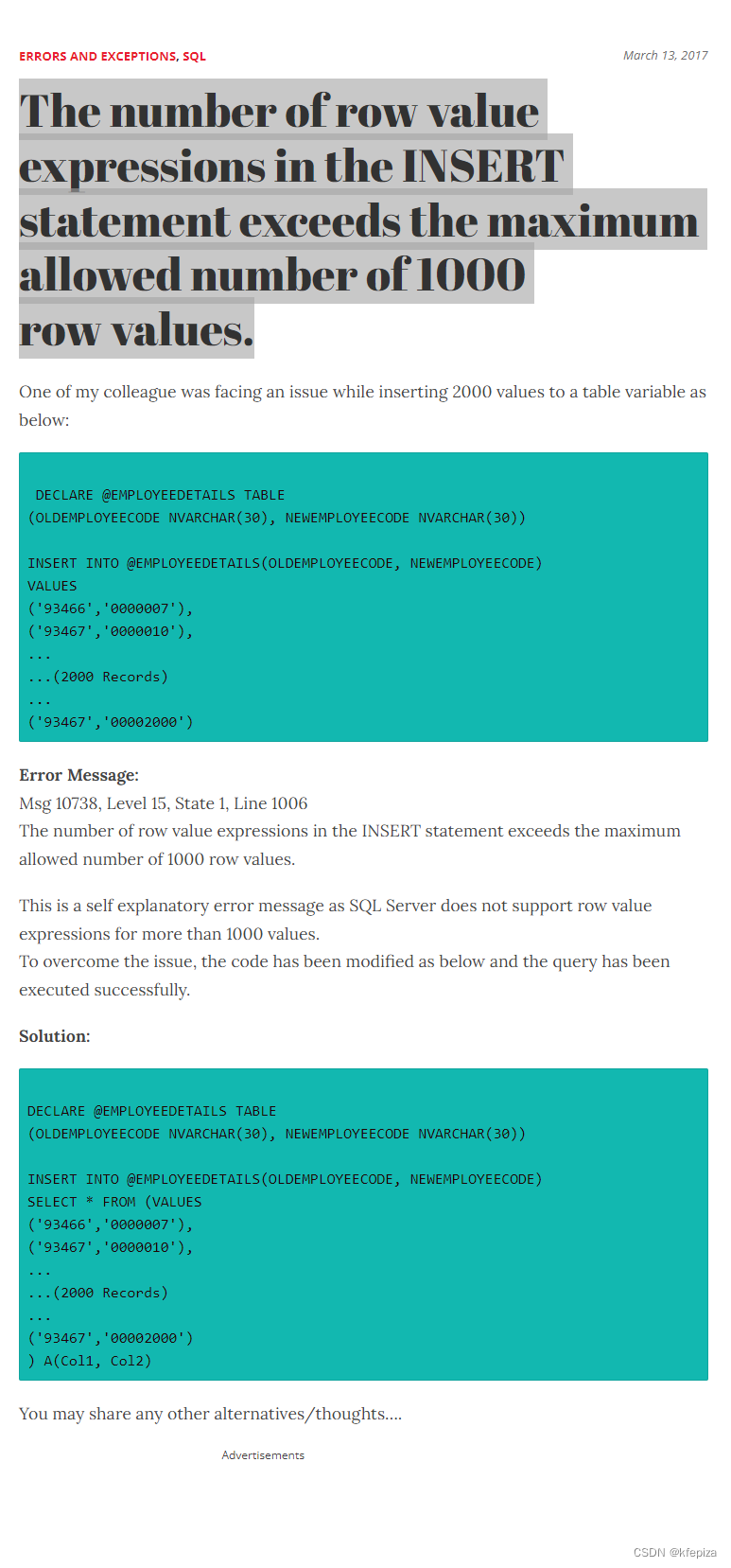 INSERT statement exceeds the maximum allowed number of 1000 row values._the number of row value ...