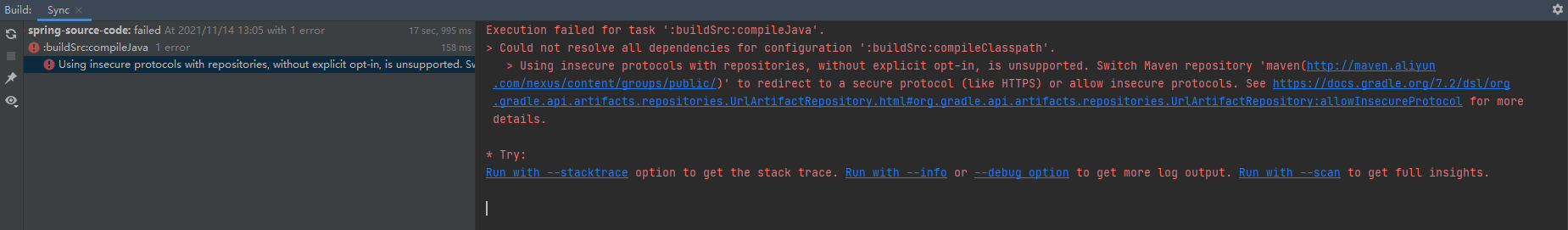 Spring源码阅读环境&&Grandle错误异常：Using insecure protocols with repositories, without explicit opt-in ...