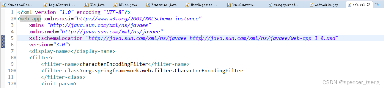 org.xml.sax.SAXParseException； systemId: jndi:/localhost/exam/WEB-INF/web.xml； lineNumber: 4 ...