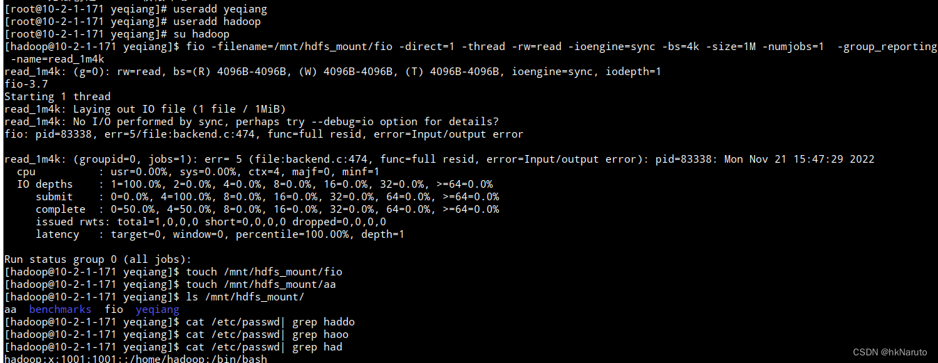 hdfs fuse_dfs 挂载后，fio dd测试，解决报错：权限不够 Permission denied I/O error constructing remote block ...