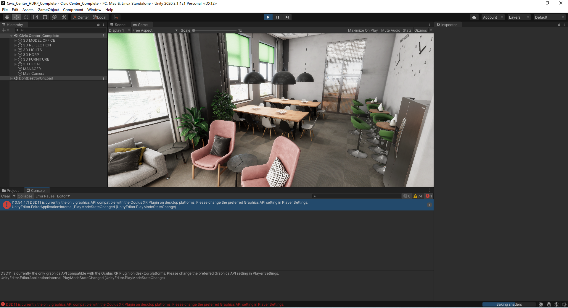 D3D11 is currently the only graphics API compatible with the Oculus XR Plugin on desktop ...