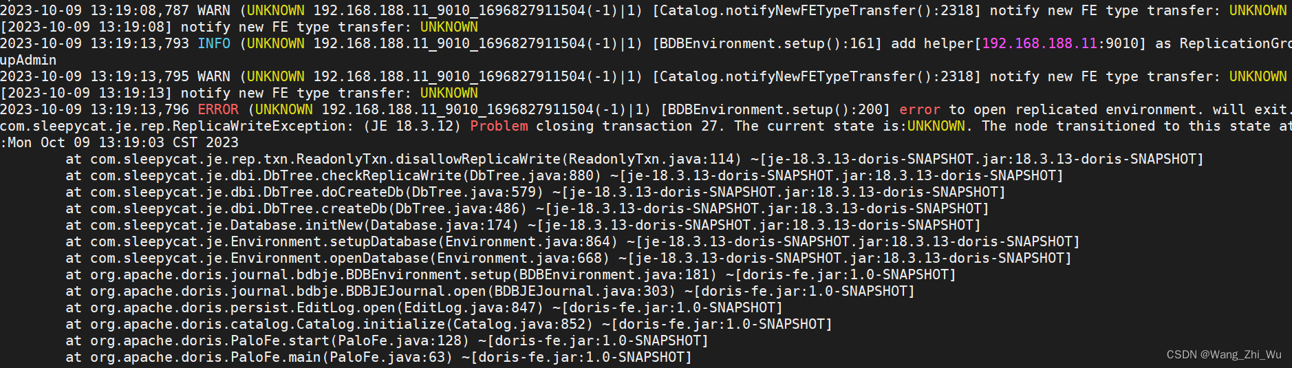 Doris启动fe时失败 报错 error to open replicated environment. will exit._com.sleepycat.je.rep ...