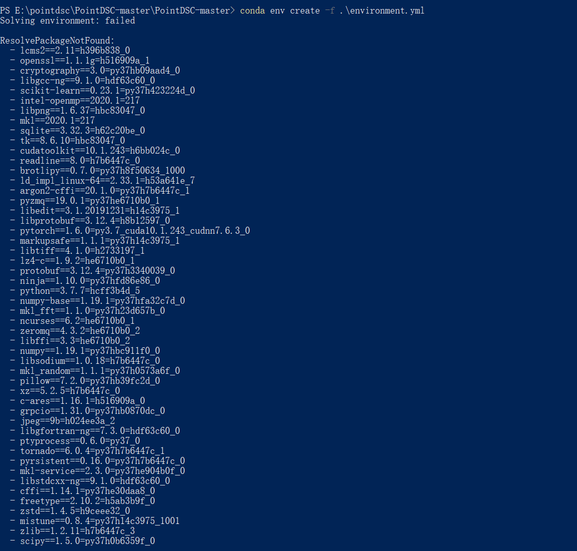 conda根据yml创建环境报错：ResolvePackageNotFound_resolvepackagenotfound: - scipy=1.11.0-CSDN博客