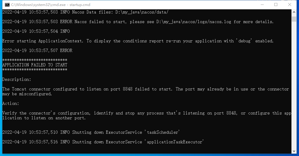 nacos启动端口占用：The Tomcat connector configured to listen on port 8848 failed to start._[settings ...