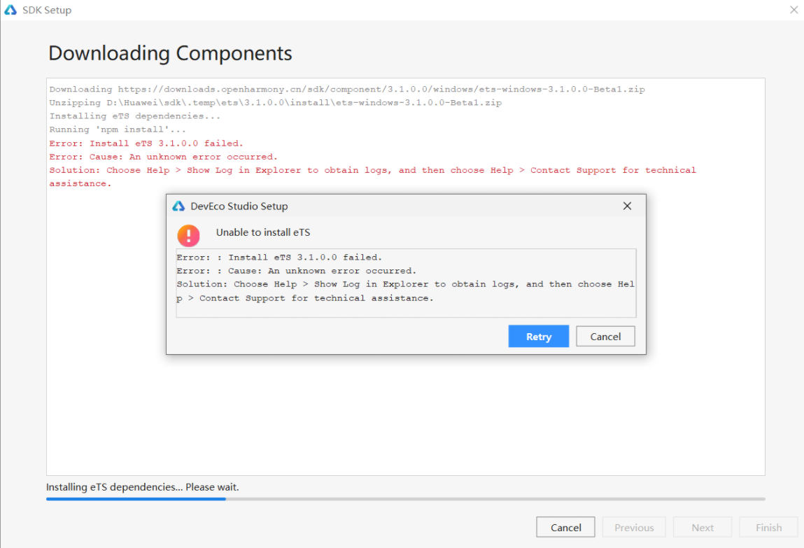 DevEco Studio 3.0.0.800安装sdk报错unable to install js、eTS的解决办法_if the issue persists, choose help ...