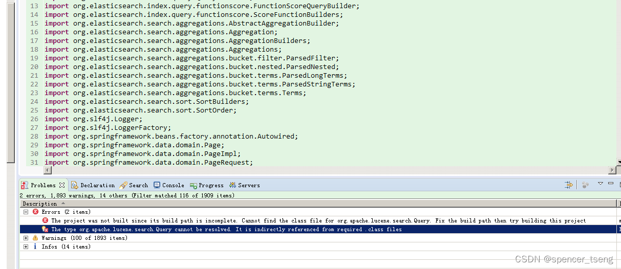 The type org.apache.lucene.search.Query cannot be resolved. It is indirectly referenced from ...